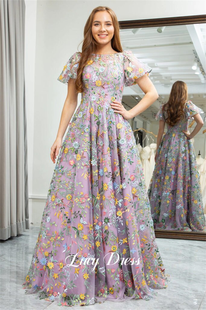 Floral applique dress Lucy Graduation Gown Round Neck Floral